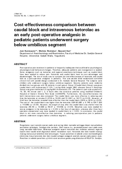 Pdf Cost Effectiveness Comparison Between Caudal Block And Intravenous Ketorolac As An Early