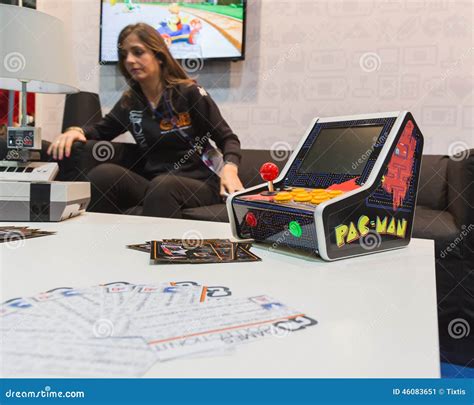 pac man console at games week 2014 in milan italy editorial photo image of activity italian