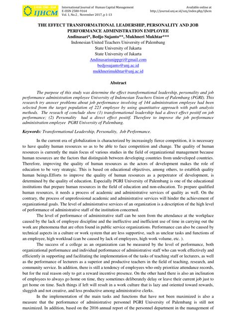 Pdf The Effect Transformational Leadership Personality And Job