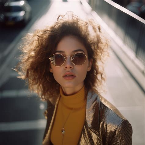 A Woman Wearing A Yellow Shirt With Sunglasses And A Jacket That Says Shes Wearing Premium Ai