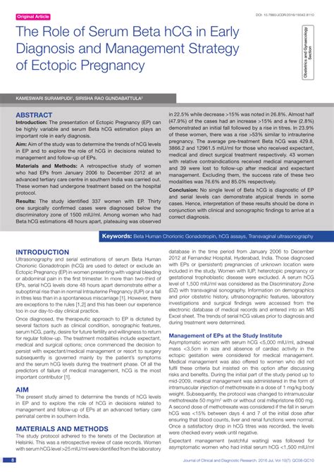 Pdf The Role Of Serum Beta Hcg In Early Diagnosis And Management Strategy Of Ectopic Pregnancy