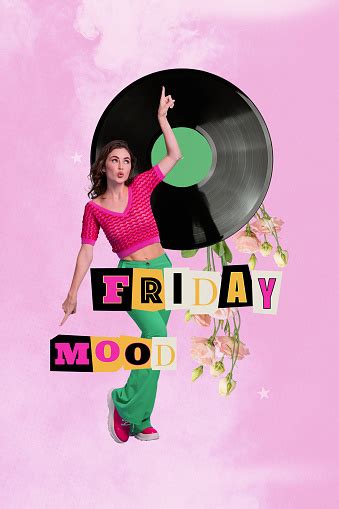 수직 크리 에이 티브 콜라주 이미지 재미 어린 소녀 축하 금요일 기분 복고풍 비닐 레코드 꽃 잡지 초현실주의 은유 20 24세에 대한 스톡 사진 및 기타 이미지 Istock