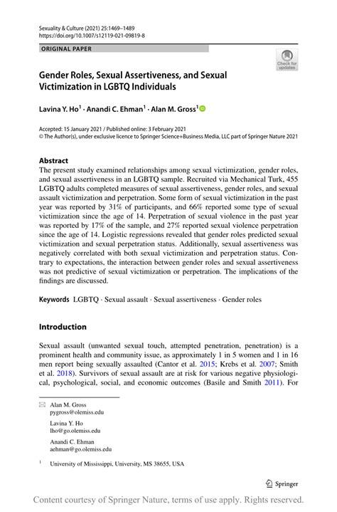 Gender Roles Sexual Assertiveness And Sexual Victimization In Lgbtq Individuals Request Pdf