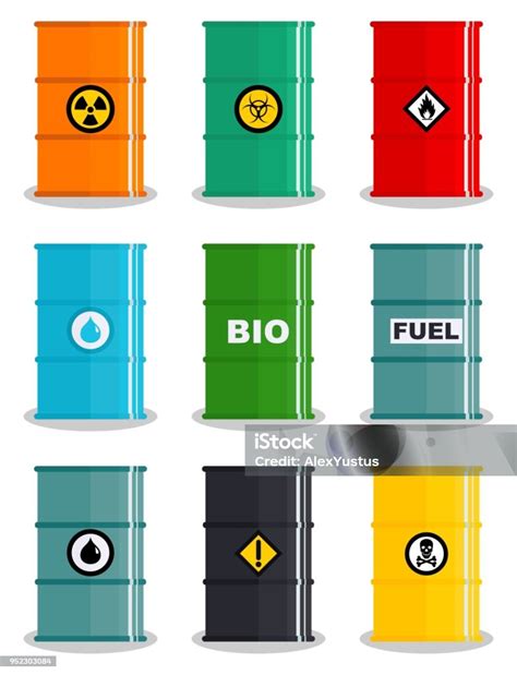 산업 개념입니다 다양 한 액체에 대 한 다른 그림 실루엣 배럴의 세트 물 오일 바이오 연료 폭발성 화학 방사능 독성 유해 위험 가연성 및 독성 물질과 액체 벡터 배럴에 대한