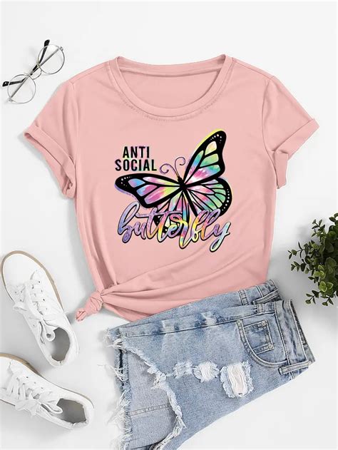 تي شيرت برقبة دائرية وطبعة ، تي شيرت كاجوال بأكمام Temu Saudi Arabia