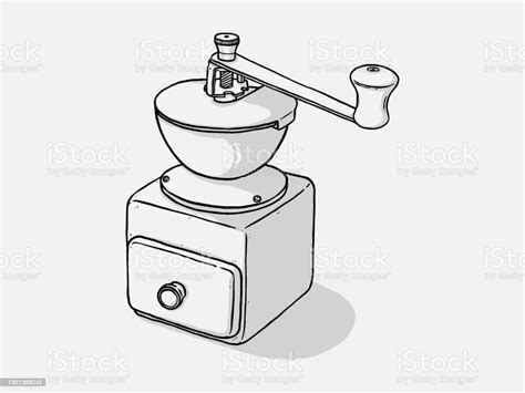 흰색 배경에 커피 그라인더 일러스트레이션 손으로 그린 스케치 스타일 커피 밀 솔리드 아이콘 기호 로고 일러스트레이션 픽셀 완벽한 벡터 그래픽 흰색 배경에 격리 갈색에 대한