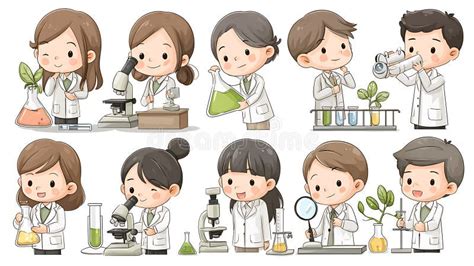 Cute Cartoon Scientists Conducting Experiments In A Laboratory Setting Stock Illustration