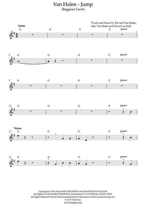 Jump Beginner Level Alto Sax Van Halen Saxophone Sheet Music