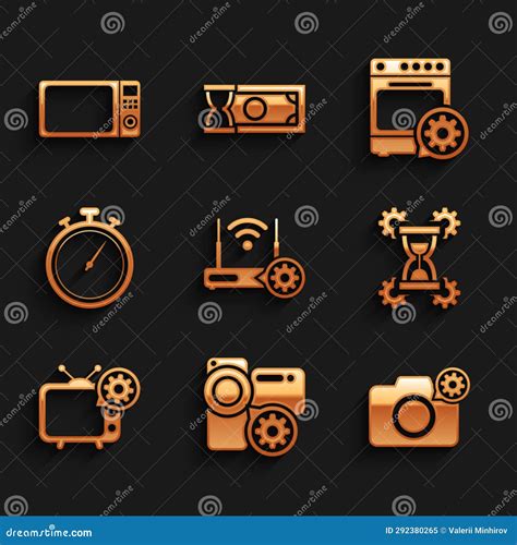 Set Router And Wi Fi Setting Video Camera Photo Hourglass Tv And Stopwatch Icon Vector