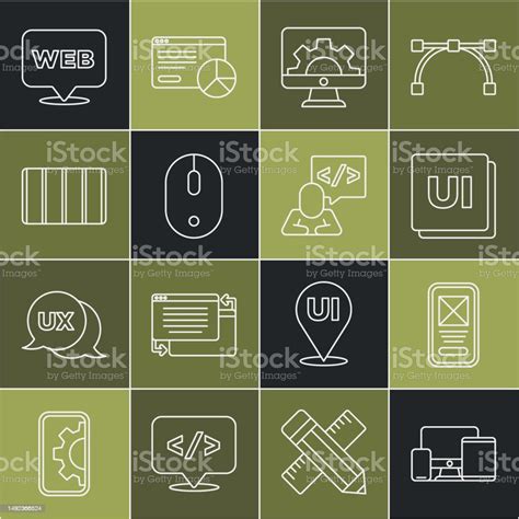 라인 모니터 모바일 태블릿 ui ux 디자인 웹 개발 컴퓨터 마우스 색상 팔레트 가이드 그래픽 및 프런트 엔드 아이콘을 설정합니다 벡터 개념에 대한 스톡 벡터 아트 및 기타