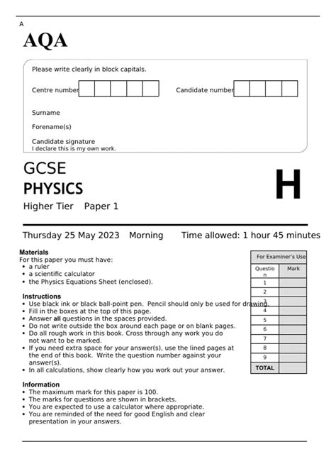 AQA GCSE PHYSICS Higher Tier Paper JUNE QUESTION PAPER GCSE