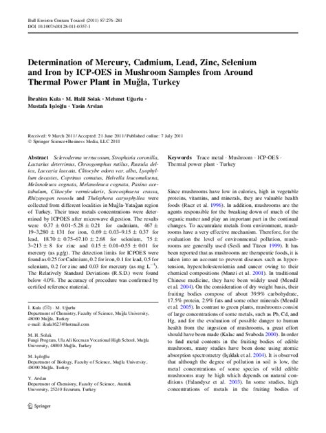 Pdf Determination Of Mercury Cadmium Lead Zinc Selenium And Iron By Icp Oes In Mushroom