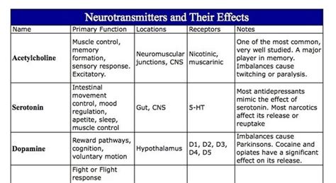 Neurotransmitters And Their Effects Chart Nclex Quiz