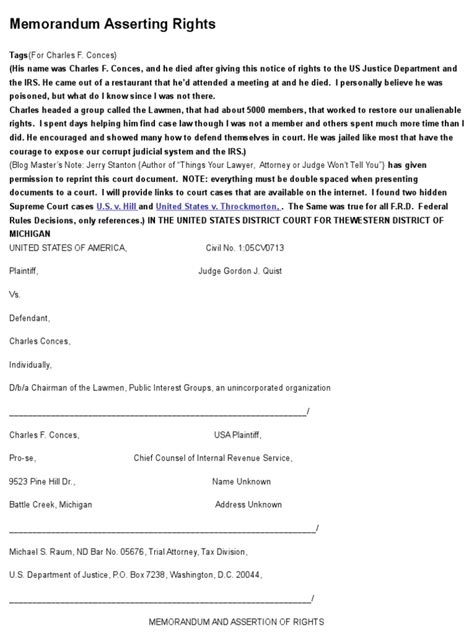 Memorandum Asserting Rights Jurisdiction Precedent