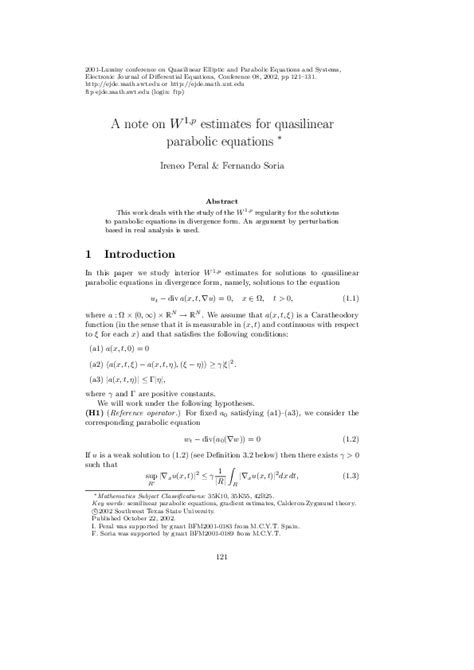 Pdf A Note On W1p Estimates For Quasilinear Parabolic Equations