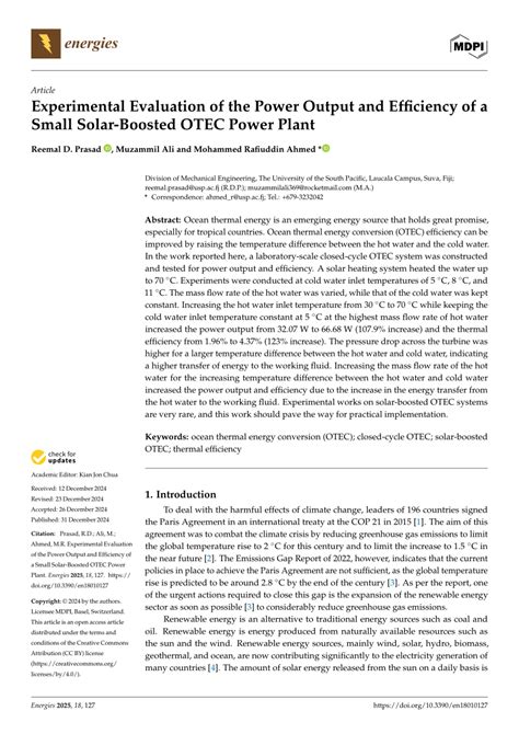 Pdf Experimental Evaluation Of The Power Output And Efficiency Of A Small Solar Boosted Otec
