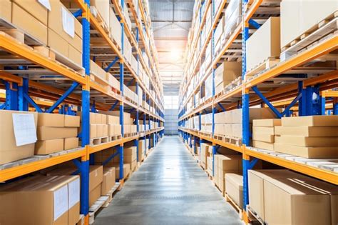 Large Distribution Warehouse Aisle With Packages On Shelves Premium Ai Generated Image
