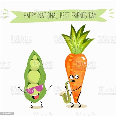 벡터 일러스트 레이 션 가장 친한 친구 야채 당근과 완두콩은 색소폰 재미있는 손으로 그린 만화 캐릭터 텍스트 행복한 국가 가장 친한 친구의 날을 연주하는 재미가 있습니다