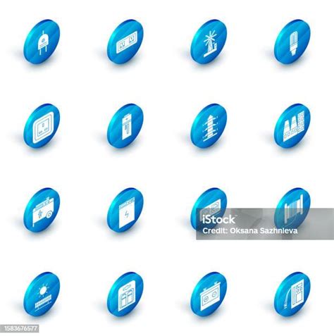 전기 콘센트 풍력 터빈 Led 전구 휴대용 발전기 배터리 발전소 공장 및 공장 및 고전압 극 라인 아이콘을 설정합니다 벡터 0명에 대한 스톡 벡터 아트 및 기타 이미지