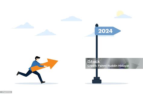 2024년 새해에 성공을 거두기 위한 전략 계획의 개념 개발 및 미래 전망 내년 비즈니스 목표 2024년 새해를 향한 표지판을 따라 걷는 사람 영감에 대한 스톡 벡터 아트