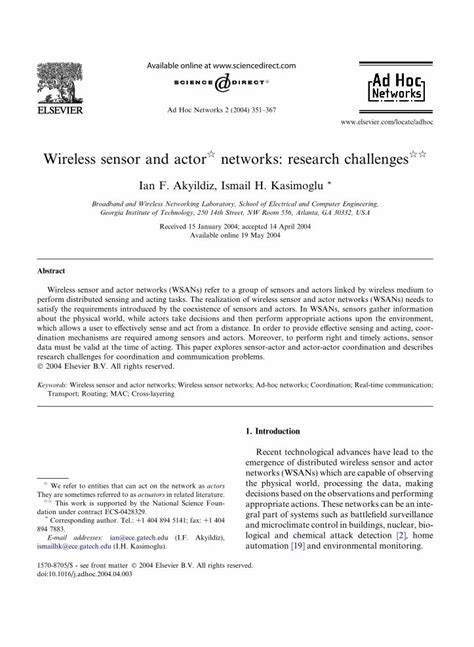 Pdf Wireless Sensor And Actor Networks Research Nslab Dokumentips