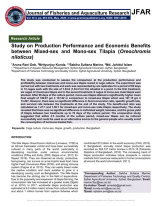 Study On Production Performance And Economic Benefits Between Mixed Sex And Mono Sex Tilapia