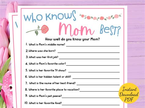 Who Knows Mom Best Mothers Day Game Mothers Day Party Game Printable Mothers Day Activity How