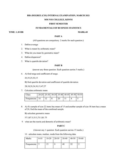 Bba Statistics Question Paper Bba Degree Css Internal Examination March 2021 Mm Nss