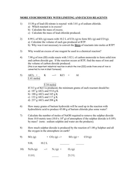 More Stoichiometry With Limiting And Excess Reagents