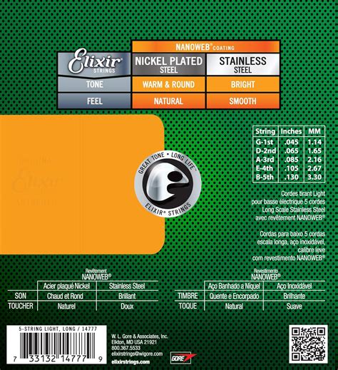 Elixir Strings Stainless Steel 5 String Bass Strings W Nanoweb Coating Long Scale Light 045