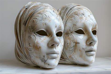 digital artwork of two white plastic drama masks one mask is on the