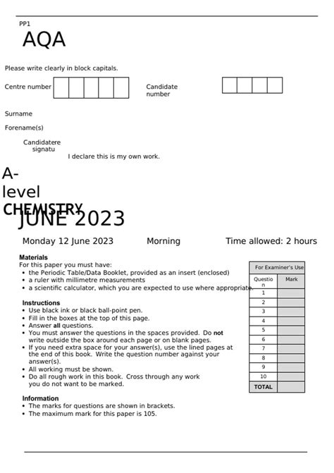 Aqa A Level Chemistry Paper 1 June 2023 Final Question Paper Inorganic