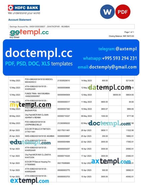 India HDFC Bank Statement Word And PDF Template Doctempl Cc