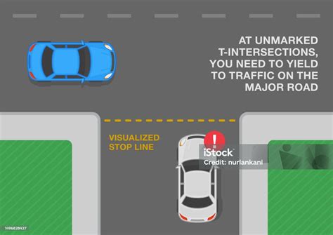 안전 운전 요령 및 교통 규제 규칙 표시가 없는 T자 교차로에서는 주요 도로의 차량에 양보해야 합니다 평면도 거리에 대한 스톡 벡터 아트 및 기타 이미지 Istock