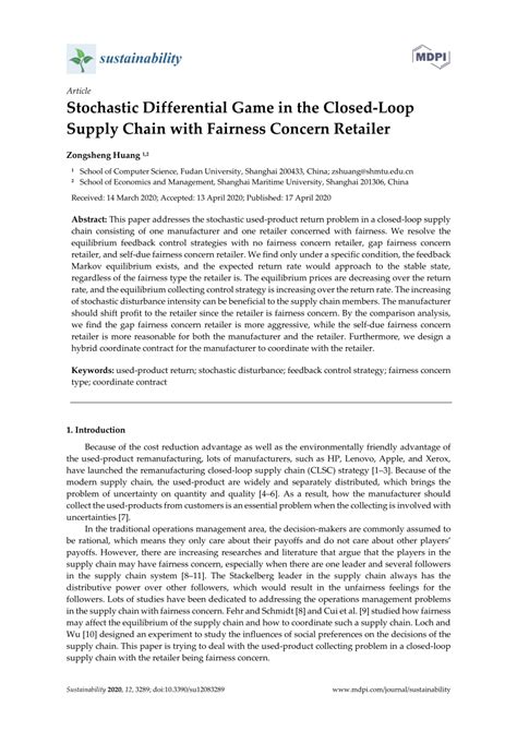 Pdf Stochastic Differential Game In The Closed Loop Supply Chain With Fairness Concern Retailer