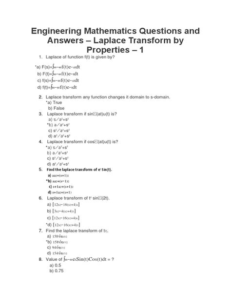 Engineering Mathematics Questions And Answers Pdf Laplace Transform