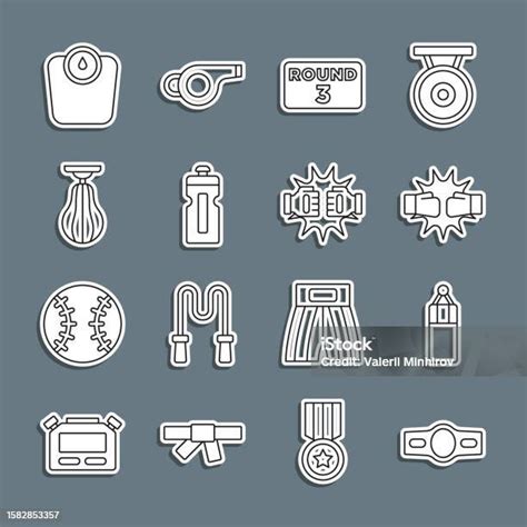 세트 라인 권투 벨트 펀칭 백 권투 장갑 링 보드 피트니스 셰이커 욕실 저울 및 아이콘 벡터 가라테에 대한 스톡 벡터 아트 및 기타 이미지 Istock