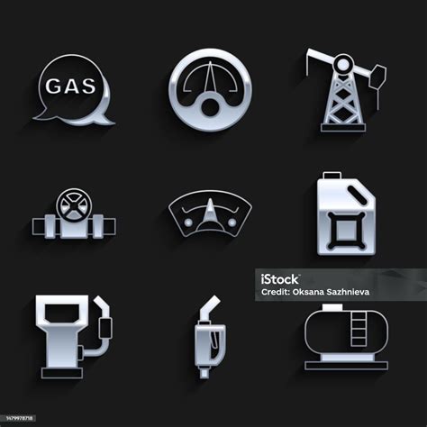 모터 가스 게이지 가솔린 펌프 노즐 오일 탱크 저장소 모터 오일 용 캐니스터 주유소 금속 파이프 및 밸브 잭 및 위치 아이콘을 설정합니다 벡터 0명에 대한 스톡 벡터 아트