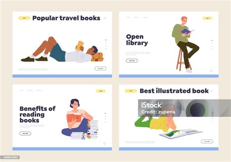 행복한 사람들 책 애호가 문학 팬 독서 동화책으로 설정된 고립된 랜딩 페이지 템플릿 개체 그룹에 대한 스톡 벡터 아트 및 기타