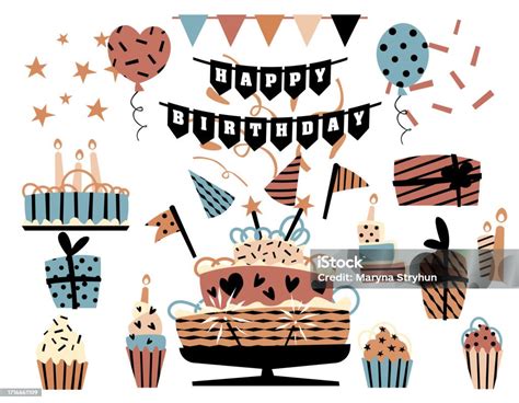 축제 생일 요소 케이크 컵케이크 공 불꽃놀이 선물 깃발 사탕 세트 생일을 위한 벡터 그래픽 카드 디자인 종이 디자인 인쇄 공휴일에 대한 스톡 벡터 아트 및 기타 이미지