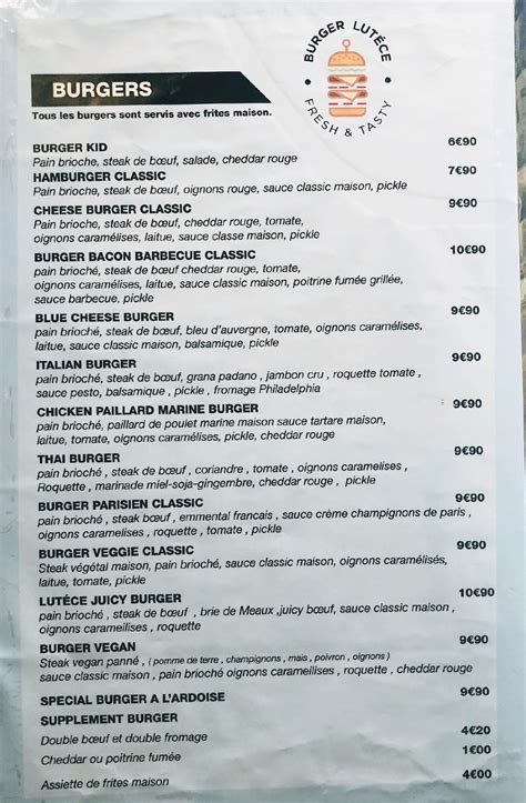 Menu At Burger Lutéce Restaurant Paris
