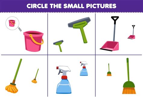 어린이를위한 교육 게임은 귀여운 만화 양동이 스퀴지 먼지 팬 걸레 분무기 빗자루 인쇄용 도구 워크 시트의 작은 그림을 동그라미