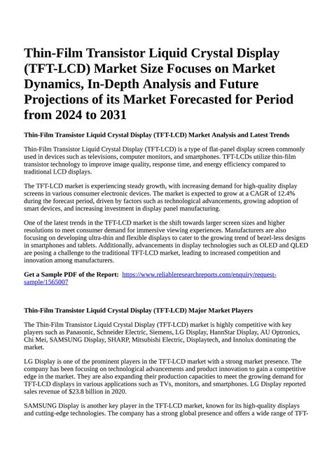 Reportprime Thin Film Transistor Liquid Crystal Display Tft Lcd