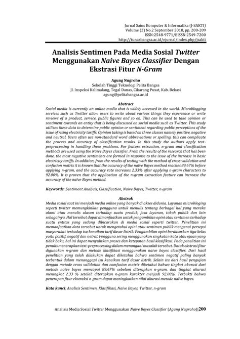 Pdf Analisis Sentimen Pada Media Sosial Twitter Menggunakan Naive Bayes Classifier Dengan