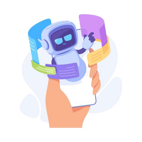 Hand With Smartphone And Robot As Smart Android Assistant Machine Vector Illustration Stock