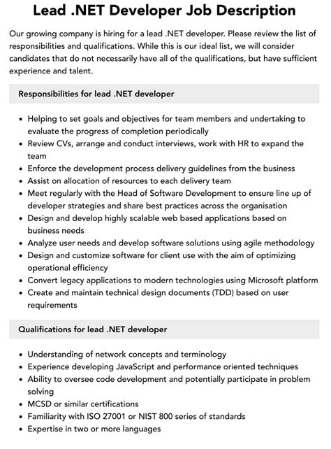 Lead Net Developer Job Description Velvet Jobs