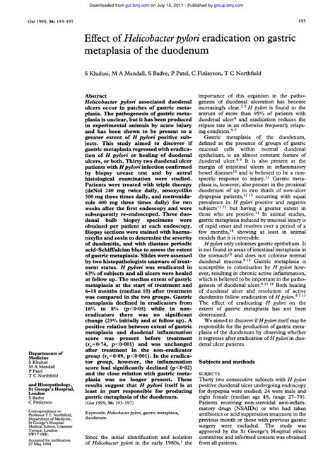 Pdf Effect Of Helicobacter Pylori Eradication On Gastric Metaplasia Of The Duodenum