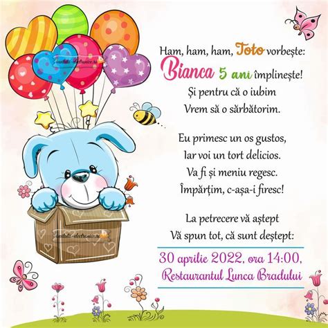 Invitatie La Petrecere De Copii Cu Catel Si Baloane Birthday Party Invitations Birthday