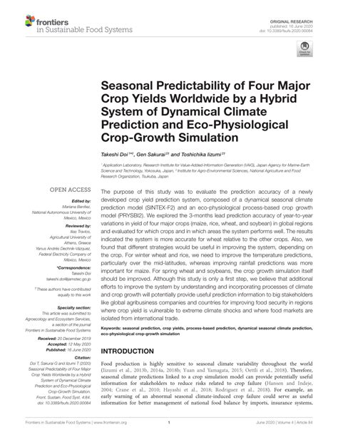 Pdf Seasonal Predictability Of Four Major Crop Yields Worldwide By A Hybrid System Of
