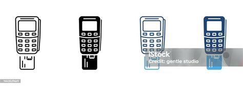 신용 카드 라인과 실루엣 아이콘 세트가 삽입된 결제 단말기 은행 서비스 금융 거래 픽토그램 흰색 배경의 Pos 기호에 카드를